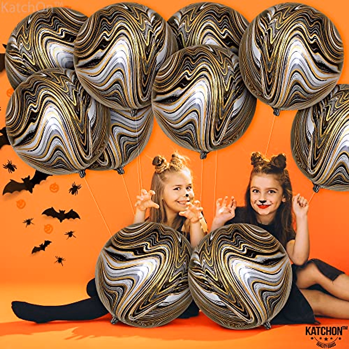 KatchOn, Black and Gold Marble Balloons - 22 Inch, Pack of 12 Agate Balloons | Marble Black and Gold Balloons | Marble Foil Balloons for Halloween Party Decorations | Gold and Black Marble Balloons