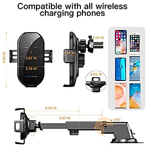 Wireless Car Charger Mount,10W Qi Fast Charging Auto-Clamping Cell Phone Holders, Air Vent Windshield Dashboard Car Phone Mount,Long Arm Suction Cup Phone Holder Compatible with All Mobile Phones