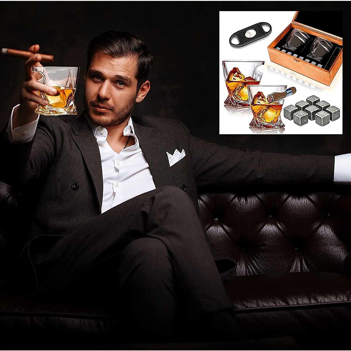 Bezrat Whiskey Cigar Glasses Gift Set - with Side Mounted Cigar Rest - Whisky Chilling Stones and accessories in Wooden Box - Scotch Bourbon Christmas Gift for Dad, Husband, Fathers Day, Birthday