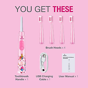 Vekkia Sonic Rechargeable Kids Electric Toothbrush, 3 Modes with Memory, Fun & Easy Cleaning, 24000 Strokes, IPX7 Waterproof, 2-Min Timer for Age 5+, 4 Soft Bristles(Pink)