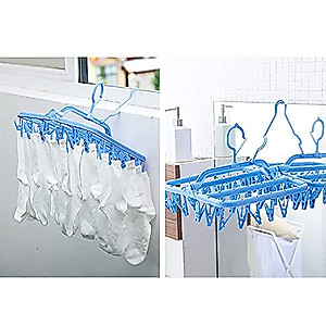 Radefasun Clip and Drip Hanger with 32 Clips Plastic Swivel Hook Portable Folding Drying Rack Baby Clothes Hanger Foldable Travel Accessories for Socks Bras Lingerie Towels Underwear Gloves Blue