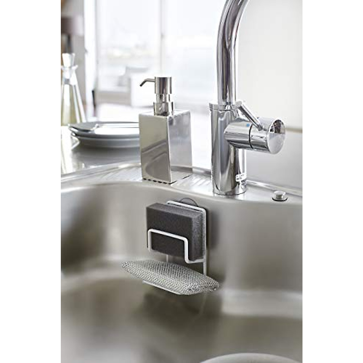YAMAZAKI home 2264 Double Sponge Holder-Steel Rack Organizer for Kitchen Sink, One Size, White