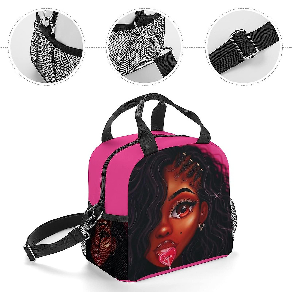 Pocxoep Black Girl Lunch Box for Kids Black Girl Insulated Lunch Bag with Shoulder Strap for Boys Girls Large Capacity Reusable African Lunch Boxes for School Work Picnic