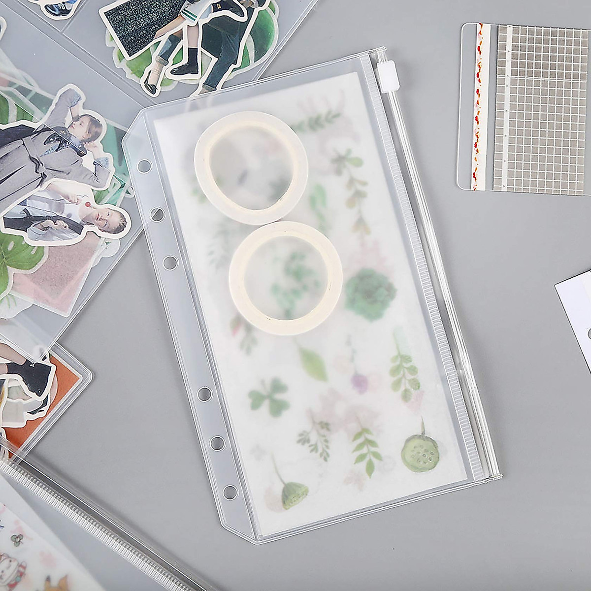 WUWEOT 50 Pack Binder Pockets A6 Size 6 Holes Zipper Binder Pouch Folders, Waterproof Zipper Loose Leaf Bags Clear Plastic Binder Envelopes for Documents Notebooks Cards