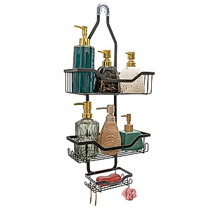 GOHOLE Shower Caddy Over Shower Head, Hanging Shower Organizer, Over the Shower Head Caddy, with Soap Basket and 12 Hooks for Razor Sponge Towels, Black