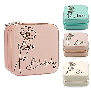 Yofair Personalized Jewelry Box with Birth Flower Custom Leather Travel Jewelry Case Wedding Gifts Bridesmaid Gifts Bachelorette Party Favors for Women Girls