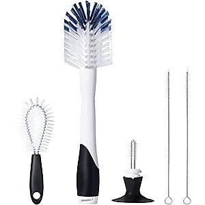 Jumperlay Baby Bottle Brush with 1 Pack Nipple Brush and 2 Pack Straw Cleaner Brushes, Baby Bottle Cleaning Brush Set with Suction Cup Stand and A Hidden Mini Brush, Black