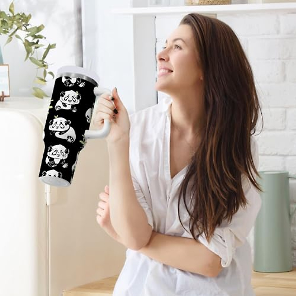 RPLIFE Playful Pandas Black Stainless Steel Tumbler, Insulated Coffee Cups with Lids, Coffee Tumbler for Women