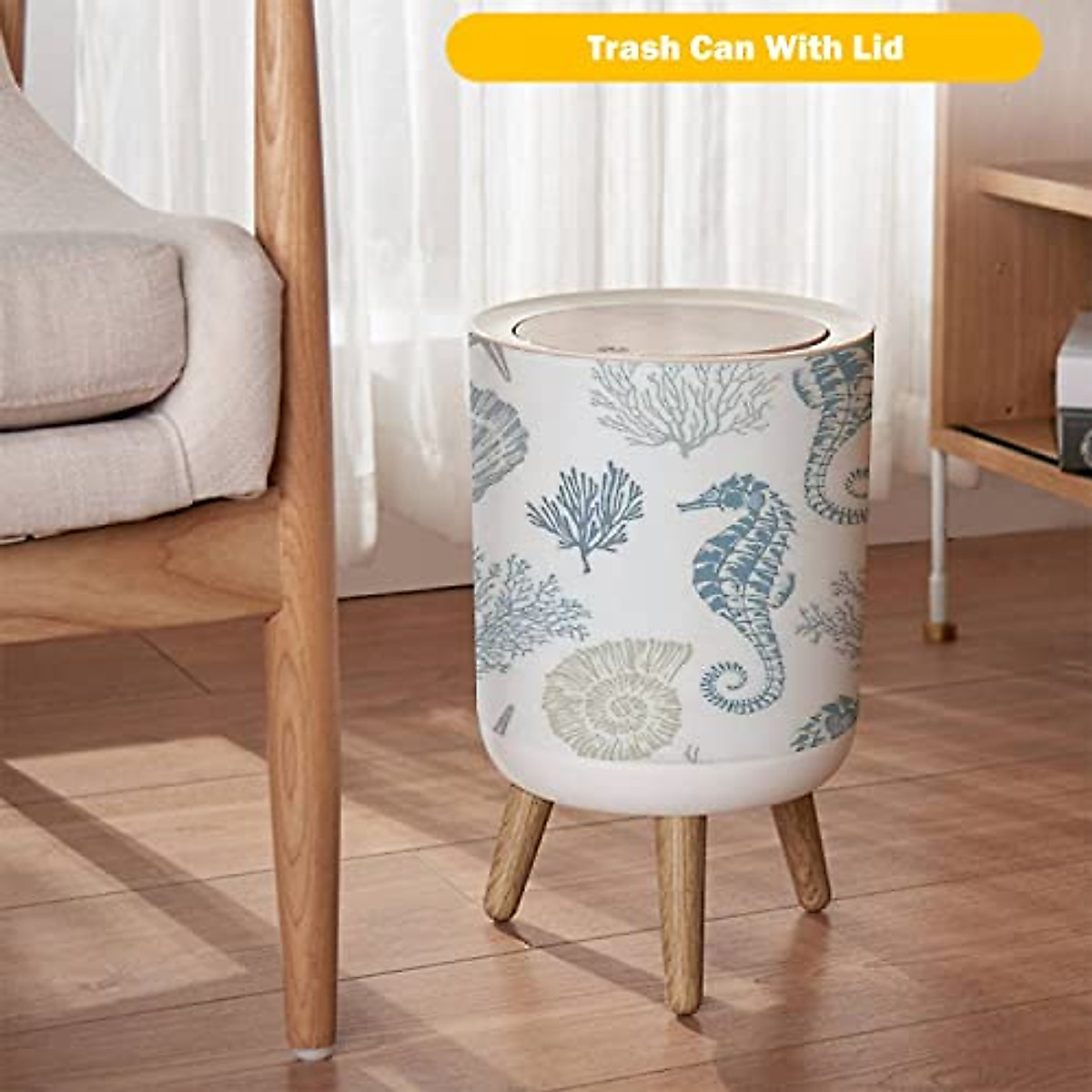 Small Trash Can with Lid Marine hand drawn sea shells stars seahorse coral Highly detailed Round Garbage Can Press Cover Wastebasket Wood Waste Bin for Bathroom Kitchen Office 7L/1.8 Gallon