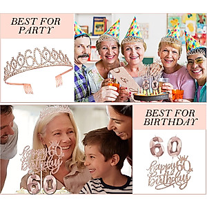 8pcs 60th Birthday Gifts Decorations for Women, Including 60th Happy Birthday Cake Toppers, Birthday Queen Sash with Pearl Pin, Sweet Rhinestone Tiara Crown, Number Candles and Balloons Set, Rose Gold