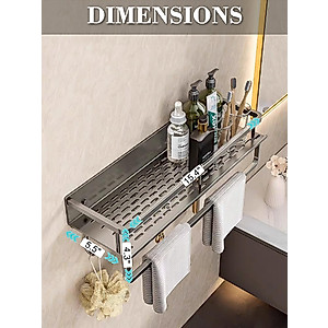 Z metnal Shower Shelves with Towel Bar & Hooks, Small Floating Wall Shelves for Kitchen, Adhesive Shower Caddy Organizer Basket, 16 inch, No Drilling or Wall Mounted, Black,2 pcs