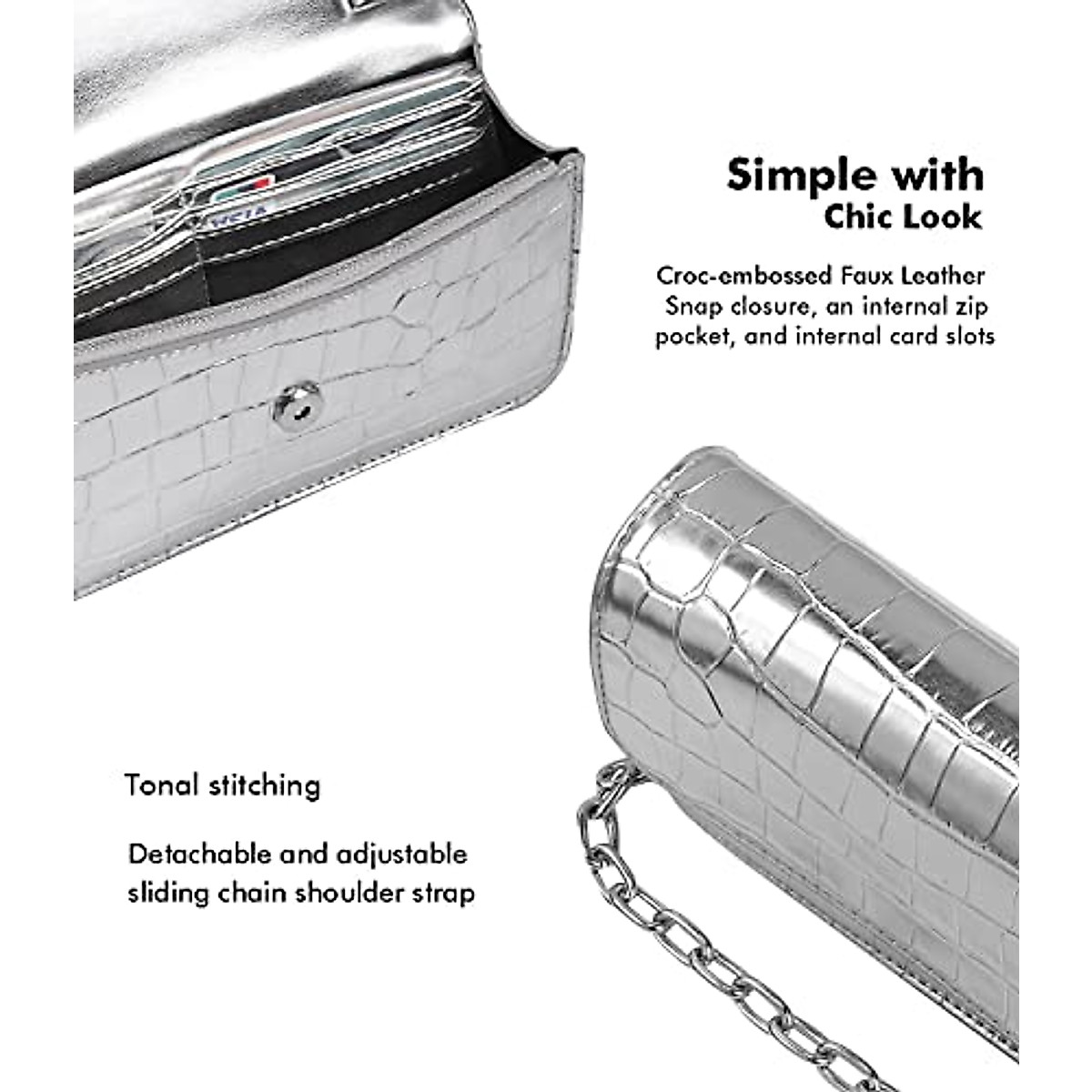 Crossbody Bags for Women, Evening Bag Clutch Purses for Women, Croc-embossed Faux Leather Bag with 2 Detachable Chain Straps, Small Purse for Women