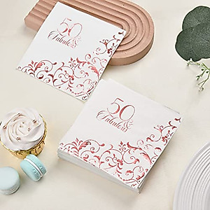 Crisky Rose Gold 50 Fabulous Cocktail Napkins for Women 50th Birthday Party Decorations, 3-Ply Disposable Beverage Dessert Napkins, 50 Counts