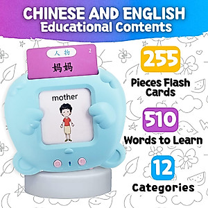 ZeenKind Chinese & English Talking Flash Cards with 510 Sight Words for Toddlers 2 3 4 5 6 Years Old, Learn Chinese for Kids, Audible Pocket Speech Early Learning Bilingual Flashcard Toys, 255 Cards