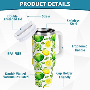 KEEPREAL 40 oz Lime Lemon Tumbler with Handle, Insulated Sports Water Bottle with Lid and Straw, Thermal Stainless Steel Travel Coffee Mug Cup #495