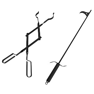 40-Inch Fireplace Fire Pit Campfire Poker Stick and 26-Inch Campfire Fireplace Tongs, Log Grabber, Camping, Wood Stove, Outdoor and Indoor Use, Black Solid Steel