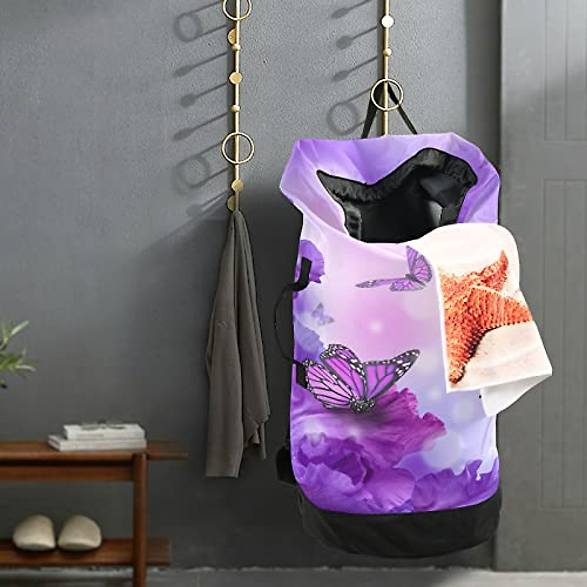 Laundry Bag, Butterfly Purple Large Laundry Backpack Dirty Clothes Organizer with Adjustable Shoulder Straps for College Dorm, Apartment, Travel Camp