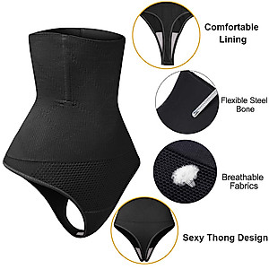 FLORATA Women's Thong Shapewear Tummy Control Butt Lifting Panties High Waist Body Shaper Briefs Black