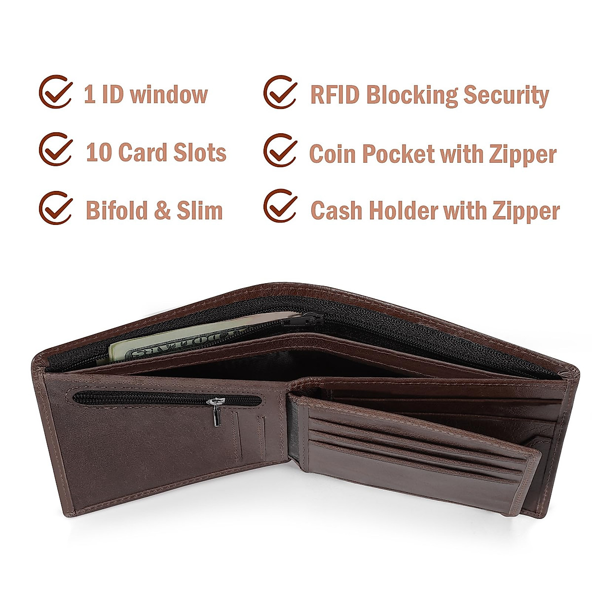 LYOOMALL Wallet for Men, Large Capacity Genuine Leather RFID Blocking Bifold Wallet/Credit Card Holder for Men, with Coin Pocket, Zipper Cash Pocket, ID Window and 10 Card Slots