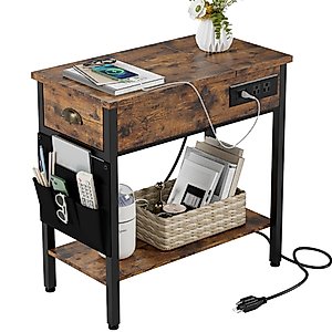 23 "End Table with Charging Station- Flip Top Narrow Side Tables With Storage Drawers/USB Ports/Outlets Sofa Couch Bedside Table Night Stand for Living Room,Bedroom (1, Vintage, 23.6"x23.6x12.6")