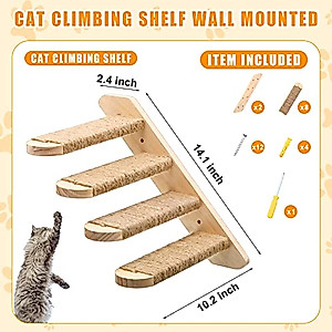 2 Pack Cat Climbing Shelf Wall Mounted Wood Cat Stair Cat Climbing Ladder 4 Step Cat Stairway with Jute Scratching Reversible Cat Wall Furniture for Cats Perch Platform Play Jump Climber Supplies