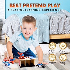 Rescue Station Kids Playset - 2-Level, 3-Bay Parking Garage Toy Set with Fire Truck, Ambulance, Police Car, and 3 Rescue Helicopters - Wooden Toy Rescue Vehicles for Kids Ages 3 and Up