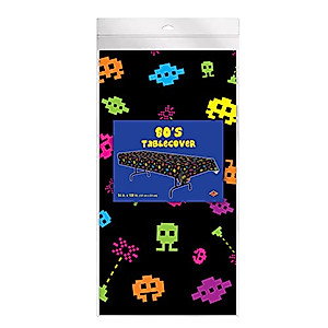 Beistle Plastic Rectangle 80's Table Cover for 1980's Theme Video Game Party Supplies, 54"x108", Black, Yellow, Blue, Orange, Purple