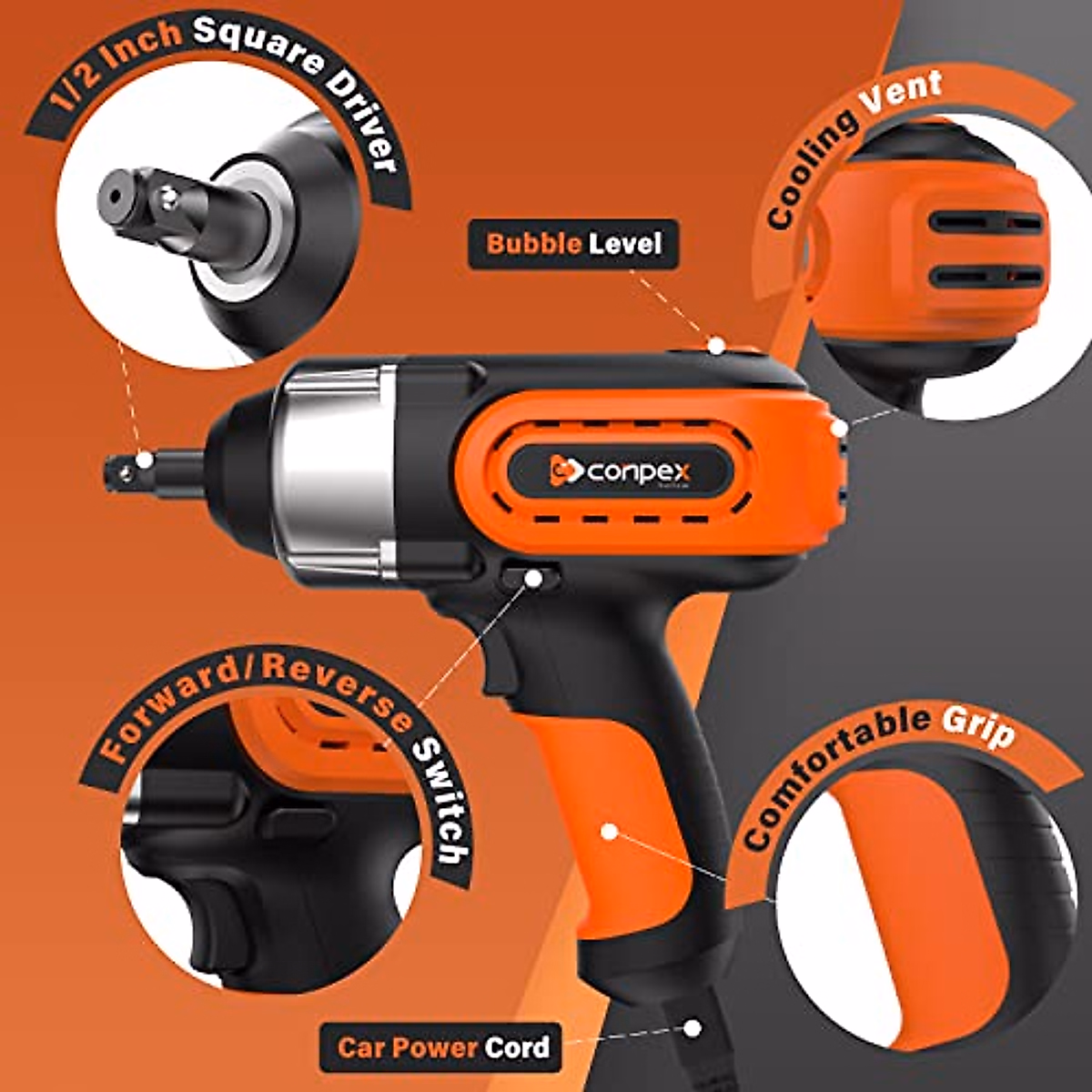 CONPEX Electric Impact Wrench with Detent Ball Anvil, Impact Wrench 1/2 inch 320ft-lbs Max Torque 12V Corded Impact Gun 2 Impact Sockets Brushless Power Impact Gun Pistola De Impacto
