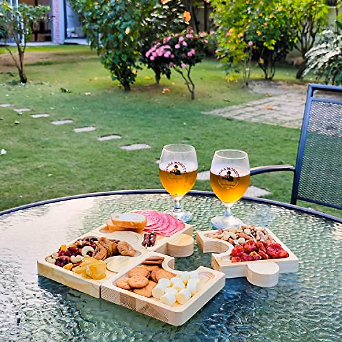 Wooden Tray For Food And Decor, Creative, Display And Fun, Splicing Puzzle Plate, Fruit, Dessert Plate, Nut, Snack Plate Set of 4