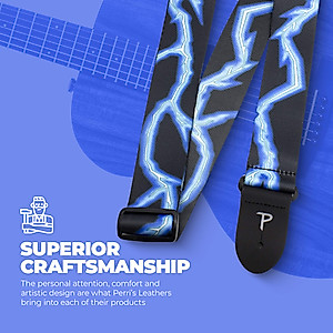 Perri's Leathers Guitar Strap - Bundle - BONUS- 3 Medium 0.71mm Picks, 1 Leather Acoustic Adaptor, 4 Strap Locks & Shoelace… (Blue Lightning)