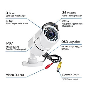 ZOSI 2.0MP 1080p Security Camera 4-in-1 TVI/CVI/AHD/CVBS Surveillance Bullet Camera Indoor Outdoor,120ft Night Vision,Aluminum Metal Housing,Work for 960H,720P,1080P,5MP,4K analog CCTV DVR(White)