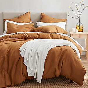 HiEnd Accents Linen Duvet Cover Set 100% French Flax Linen Duvet Covers King, Orange Caramel Solid Color Breathable Durable Cooling Linen Bedding Set with 1 Linen Comforter Cover and 2 Shams