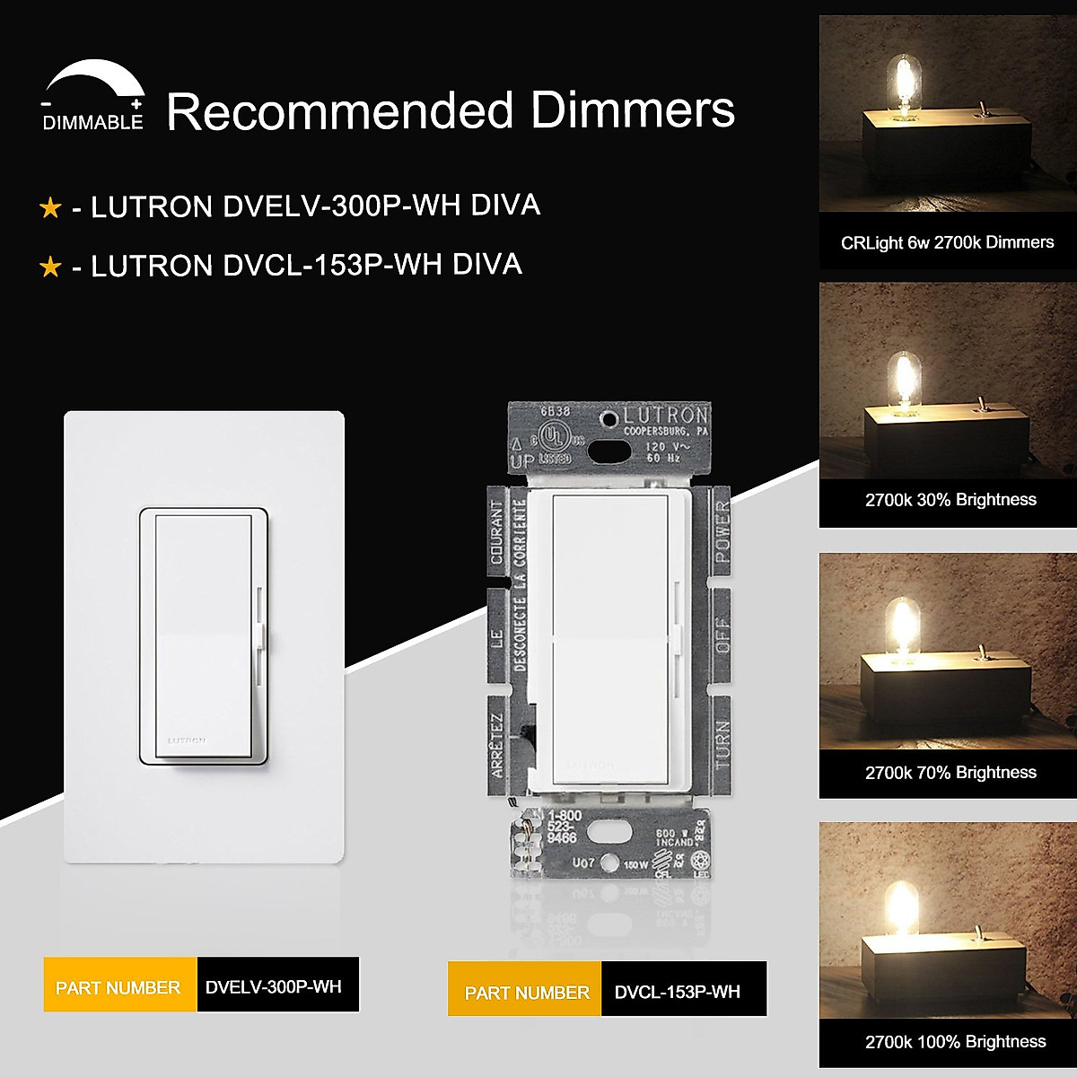 CRLight T14 Tubular LED Filament E26 Bulb, 2W 25W Equivalent 250LM 2700K Warm White, 6 Pack Dimmable Light Bulbs