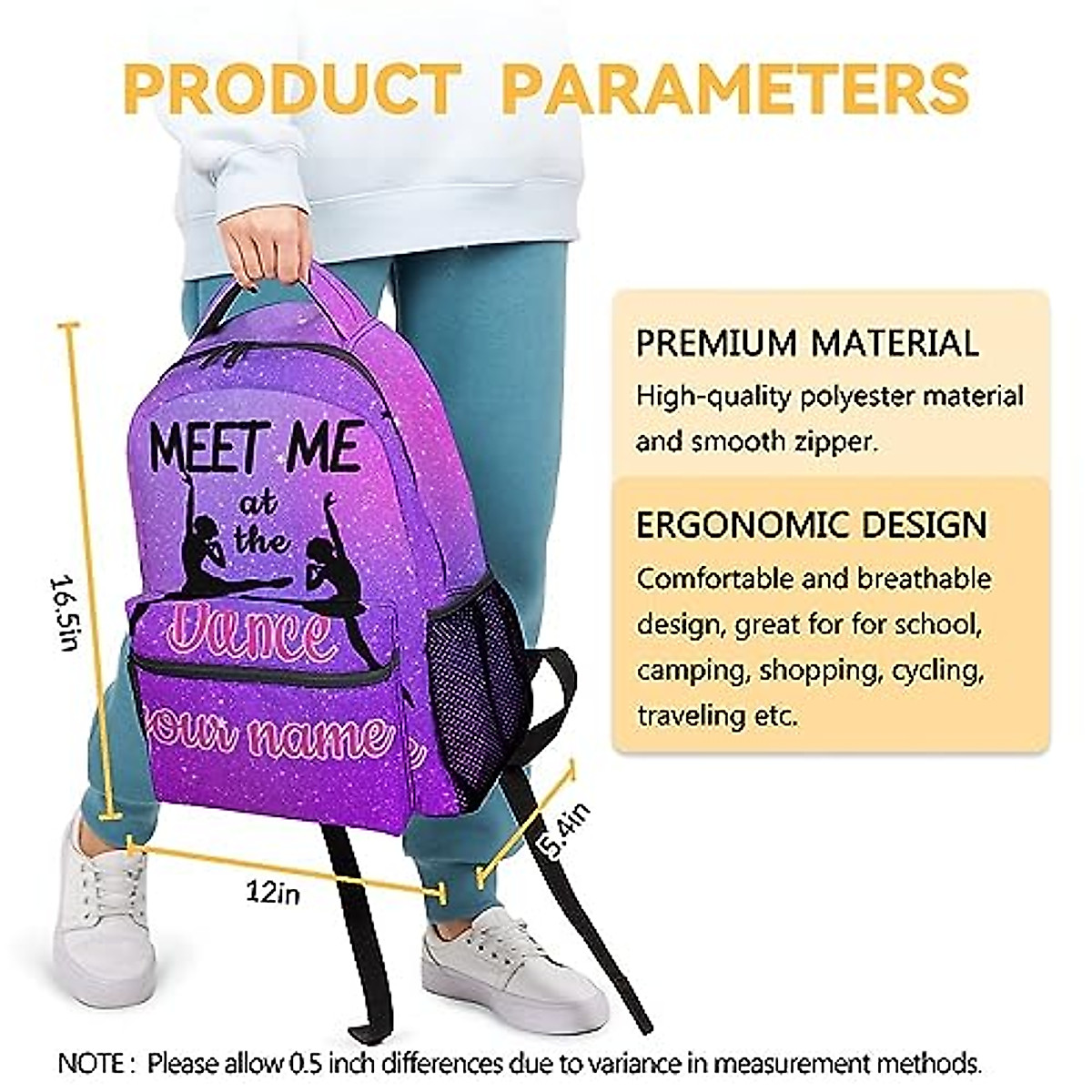 NEWGRY Personalized Name Dance Girls Backpack for School, 16 Inches Custom Purple Backpacks for Teens, Trendy Lightweight Bookbag for Middle School