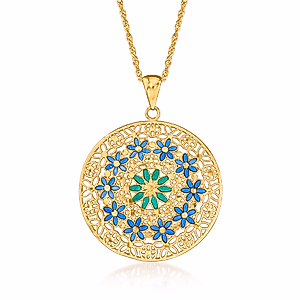 Ross-Simons Italian Blue and Green Enamel Floral Medallion Pendant Necklace in 18kt Gold Over Sterling