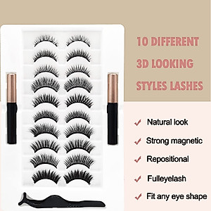 Magnetic Eyelashes Kit with Eyeliner, Magnetic Lashes Natural Looking 10 Pairs , 2 Pcs Magnetic Eyeliner, Reusable 3D False Eyelashes Lashes Pack, With lash tweezers，No Glue! Eyelashes Magnetic