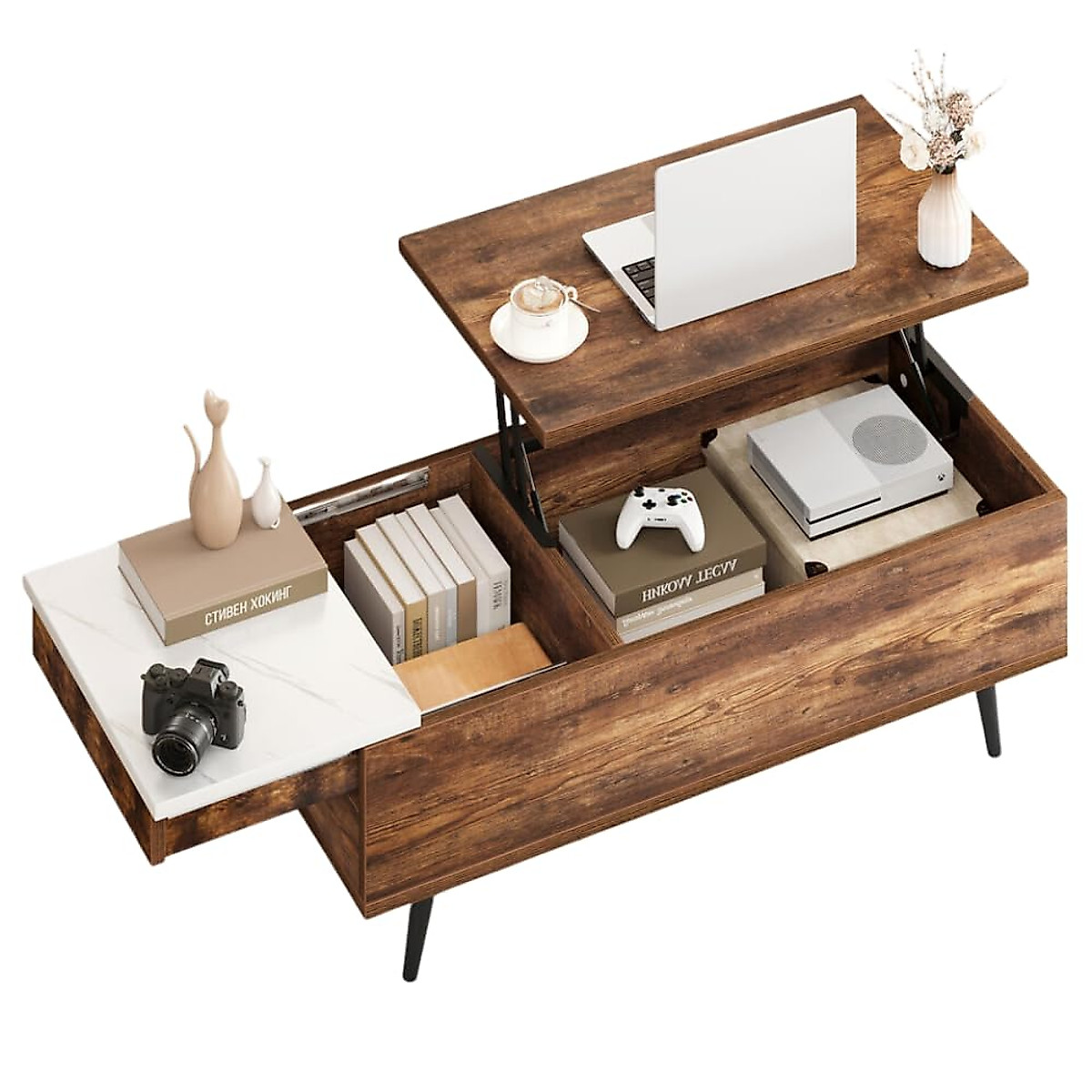 Rustic Oak Lift Top Coffee Table with Hidden Compartment - Mid-Century Modern Design, Adjustable Height Table