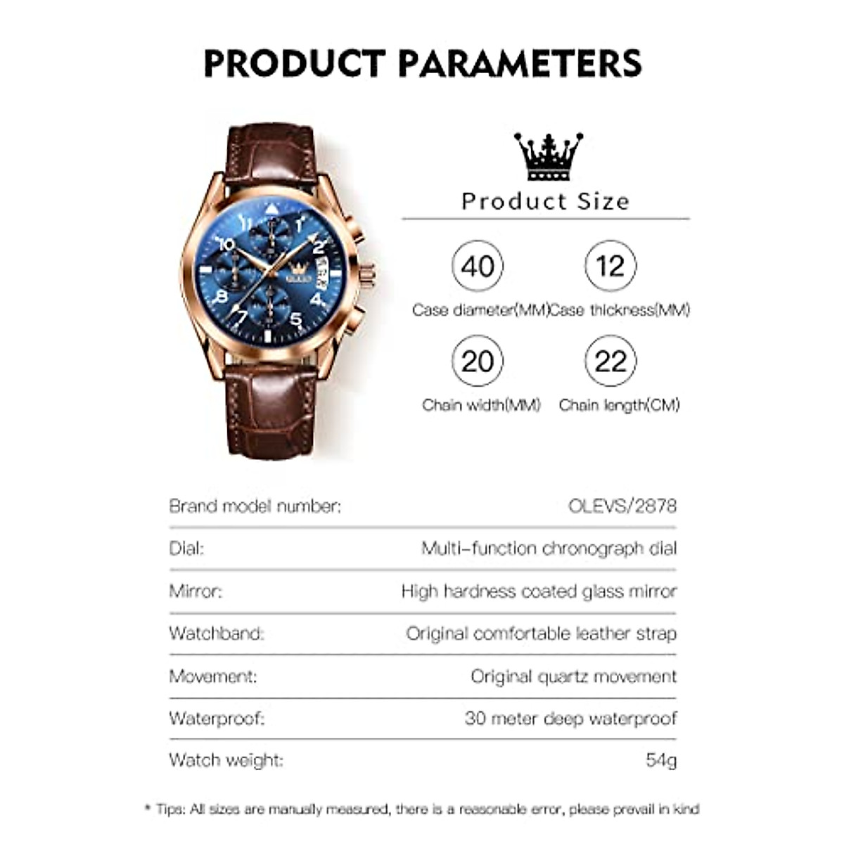 OLEVS Men's Wrist Watches, Waterproof Chronograph Quartz Sportes Men Watch for Father Husband Boyfriend Son Father's Day Gifts, Blue Dial, ROUND, Business