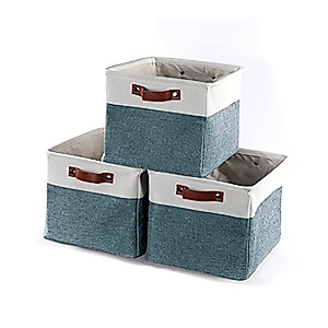 Storage Baskets for Shelves, Closet Storage Bins for Organization, Fabric Bins Cube W/Handles for Organizing Shelf Nursery Home Closet, Large - 3 Pack,Green/White
