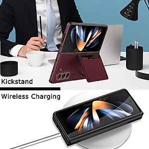 NINKI Compatible Samsung Galaxy Z Fold 5 Case with Card Holder & Kickstand,Wine Red Shockproof Leather Storage Cases Wallet Credit Card Slot Cover Phone Case for Samsung Galaxy Z Fold 5 5G Case Women