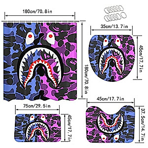 APEIHVG Fashion 4 Pcs Shower Curtain Sets Non-Slip Rugs, Toilet Lid Cover Contour Mat and Bath Mat Waterproof Bath Curtain with 12 Hooks Shark Mouth Teeth Bathroom Decor Set