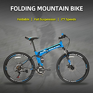 EUROBIKE YH-G4 Folding Mountain Bike for Adults 26 Inch Wheels 21 Speed Full Suspension Dual Disc Brakes Foldable Frame Bicycle (Blue)