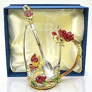 Mothers Day Gift for Mom Enamel Glass Mug Fancy Flower Tea Cup Glass Coffee Mug 12 Oz with Spoon Valentines Day Birthday Graduation Gifts 2023 Bridesmaid Gifts Teacher Appreciation Gifts (Red)