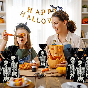 Whaline 150Pcs Halloween Cellophane Gift Bags with 200Pcs Twist Ties Funny Skeleton Party Favor Bags Candy Goodie Treat Bags for Trick or Treat Birthday Party Supplies