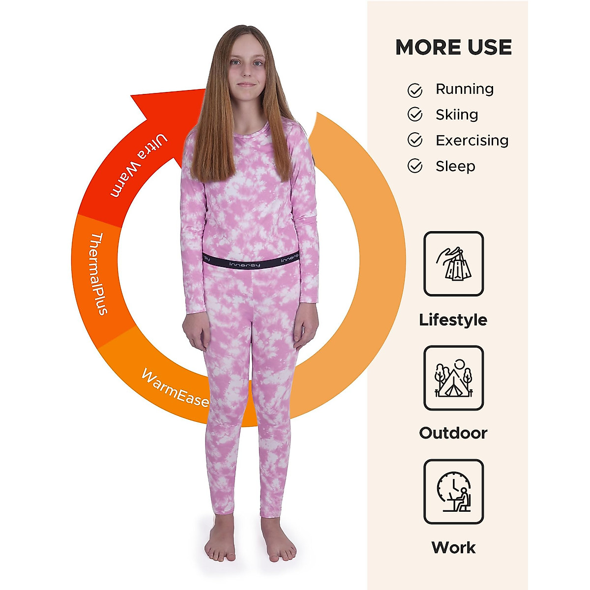 INNERSY Girls Thermal Underwear Lightweight Long Base Layer Sets 1 Pack(Small, Purple Tie Dye)