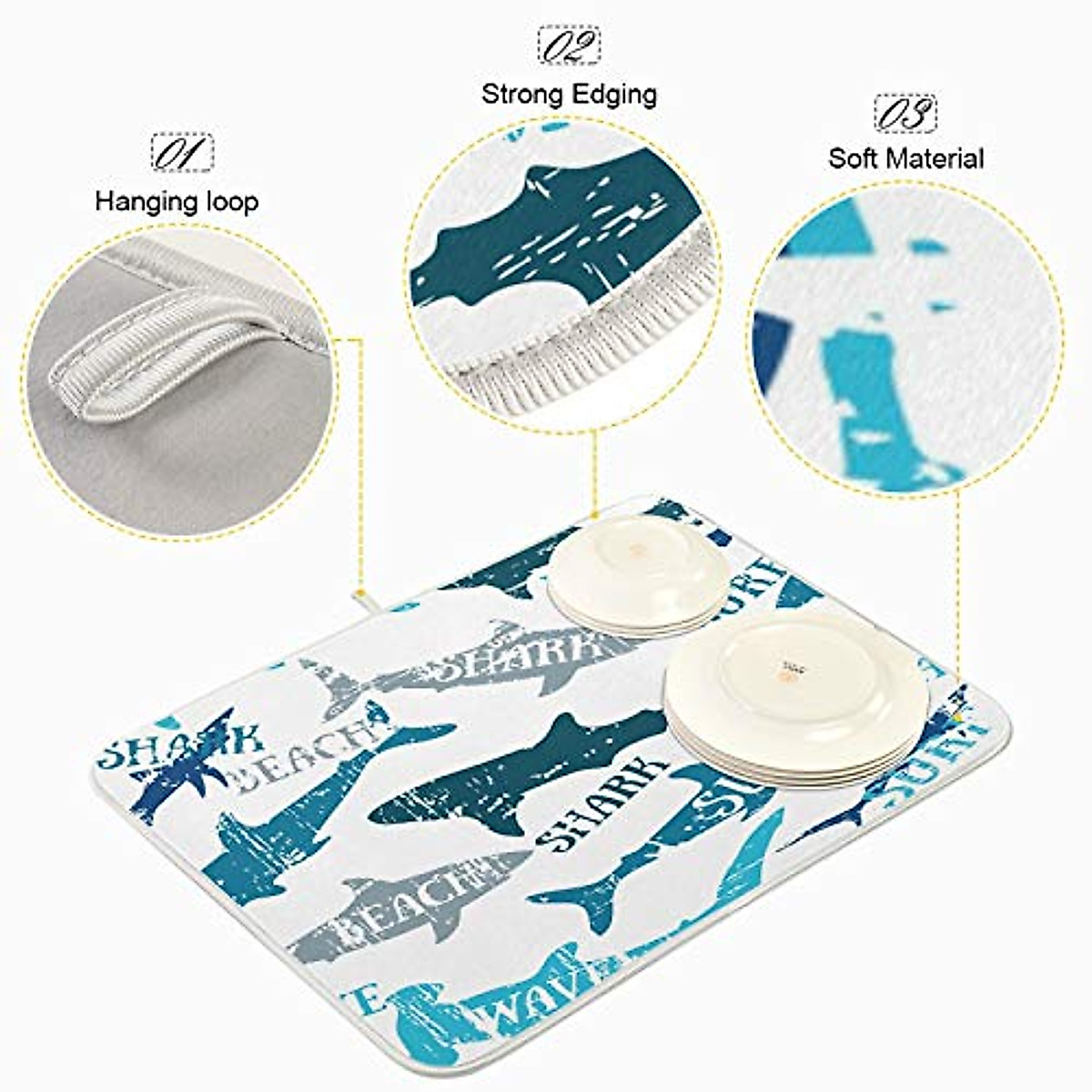 Animal Shark Ocean Dish Drying Mat 16"x18" Absorbent Machine Washable Hanging Fast Dry Pad Dish Protective Mat for Kitchen Countertop Heat Resistant Dinner Table Mat