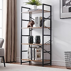 HASIODXE Industrial 4 Tier Bookshelf, Wood Etagere Bookshelves and Bookcase with Metal Frame, Rustic Standing Unit Shelf Display Rack for Living Room/Home Office, Vintage Brown