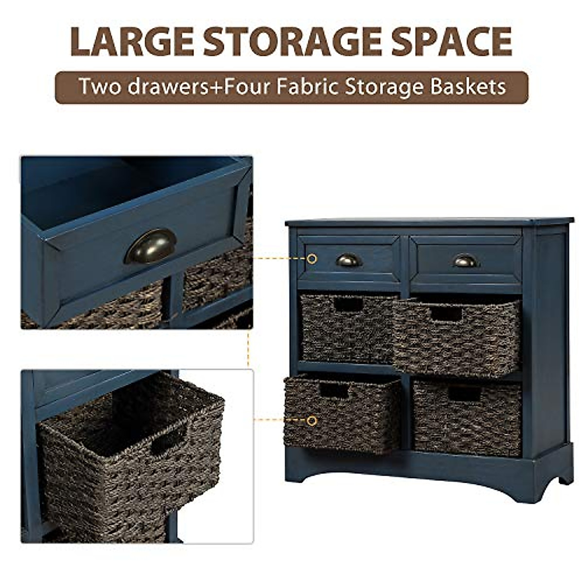 Harper & Bright Designs Accent Storage Cabinet, Rustic Storage Cabinet with 2 Drawers and 4 Classic Fabric Basket for Kitchen/Dining Room/Entryway/Living Room, Antique Navy