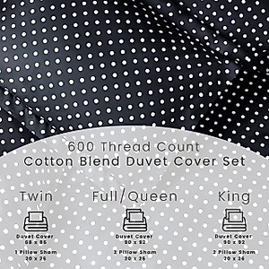 SUPERIOR Cotton Blend Duvet Cover Set, Polka Dot Design, Includes 1 Duvet Cover with Button Closure 1 Pillow Sham, Luxury Bedding, Sateen Weave, Twin, Black