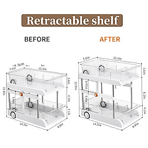 XIYAO 2 Tier Clear Organizer with Dividers and Wheels, Adjustable Under Sink Bathroom Closet organizer and Storage,Pull Out Medicine Cabinet organizer, Kitchen Pantry organizers and storage.